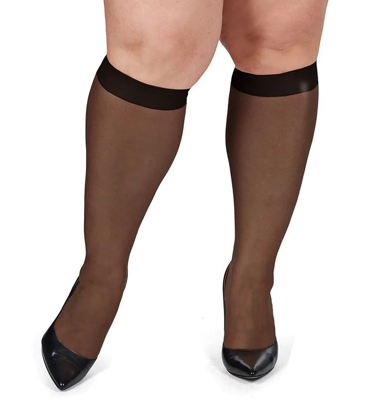 Silky Sheer Plus Size Curvy Knee Highs - 2 Pair Jet Black 3/4X