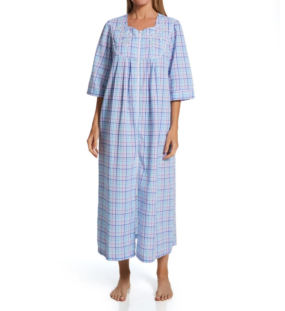 Seersucker Long Sleeve Long Zip Robe Turquoise/White Stripe M